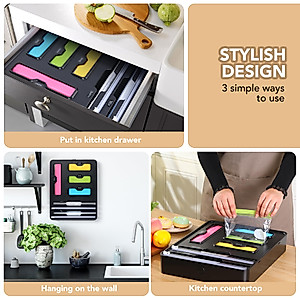 CiWiVOKi Storage Bag Organizer for Drawer, 6 in 1 Foil and Plastic Wrap Dispenser with Cutter, Plastic Kitchen Organizers and Storage for Sandwich Snack Gallon Quart Bags and 12" Aluminum Foil, Black