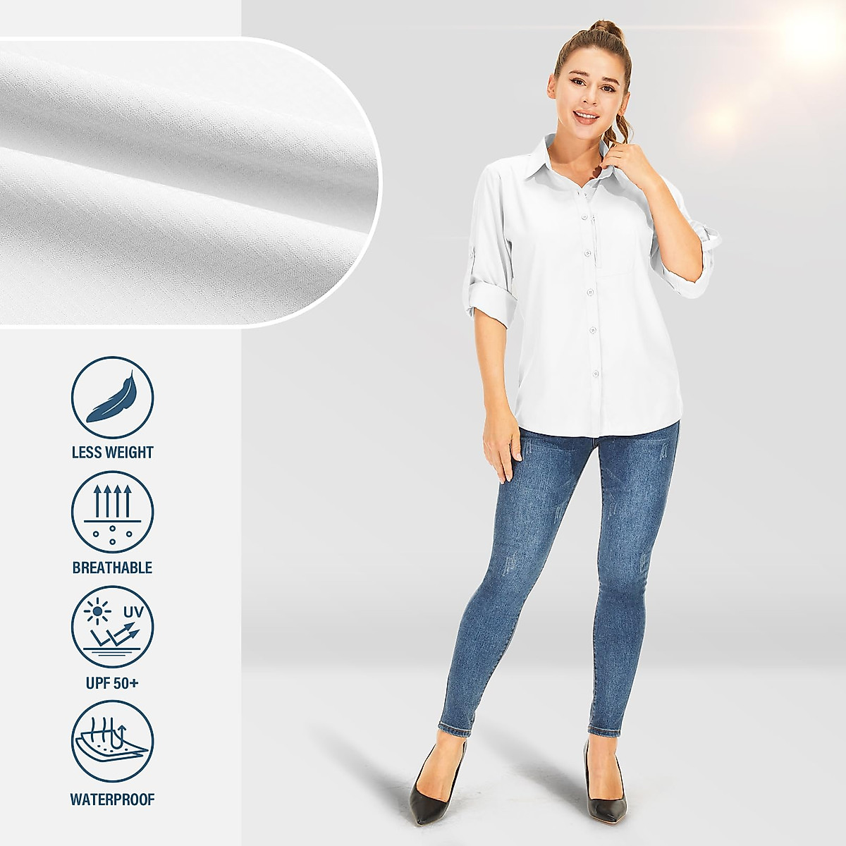 Women's Long Sleeve Safari clothes UPF 50+ Hiking Fishing shirts,Sun Protection Quick Dry Light Cooling Shirts(5019 White XL)