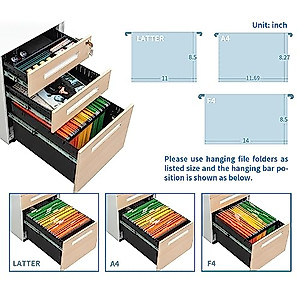 Steel Lateral Filing Cabinet with Lock, File Cabinet for Office Home Metal Storage File Cabinet 3 Drawer Under Desk Metal Organizer (Cherry+White)