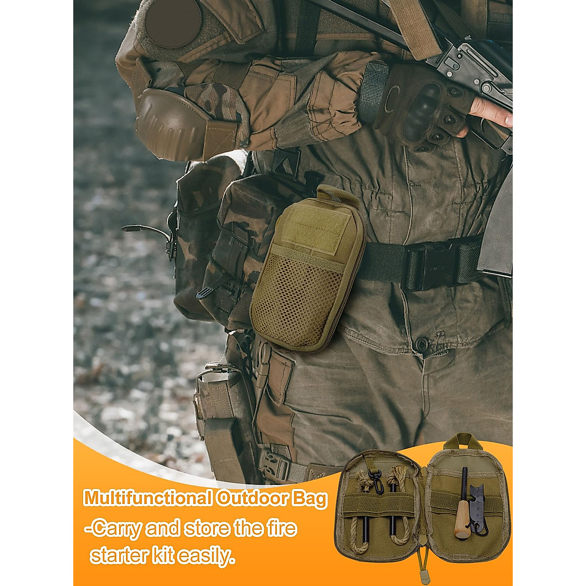 Fire Starter Survival Tool, Fire Starter Kit Includes Magnesium Rod, Steel Striker, 2 Pcs Wick Hemp Rope and Multifunctional Outdoor Bag, Fire Starters for Campfires Hiking Survival Training Gift