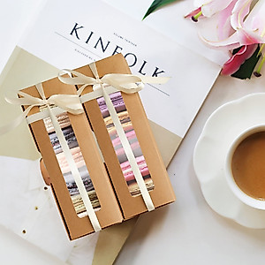 KEJJNYER 50 Pack Kraft Mcaron Boxes for 6, 8x3x2 in Chocolate Covered Strawberry Boxes with Window Mcaron Bakery Cookie Containers for Party Wedding with Ribbon