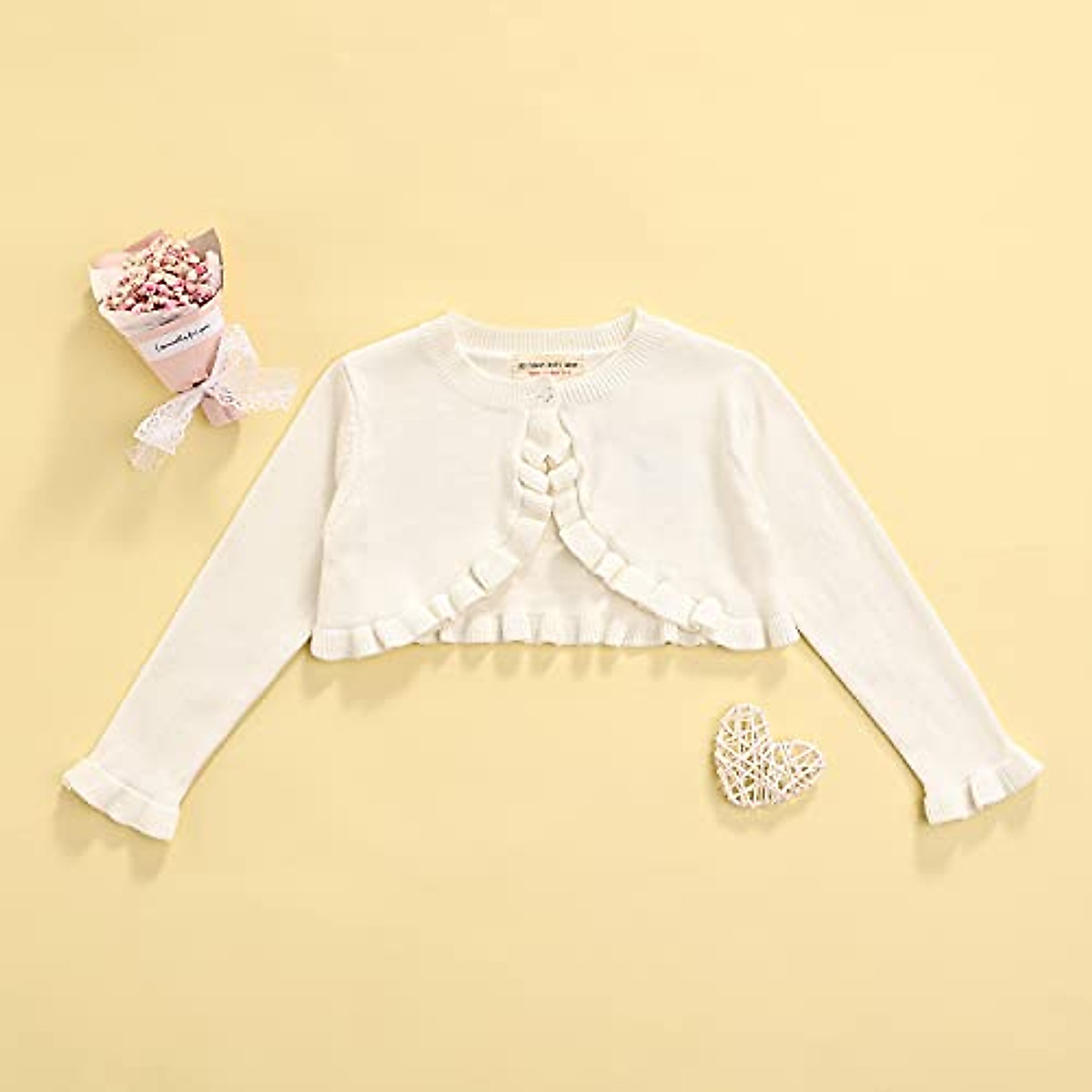Toddler Baby Girl Sweater Crop Top Knit Cardigan Long Sleeve Ruffled One Button Cute Outwear Kids Fall Shrug Cover Up (White,1-2 Years)