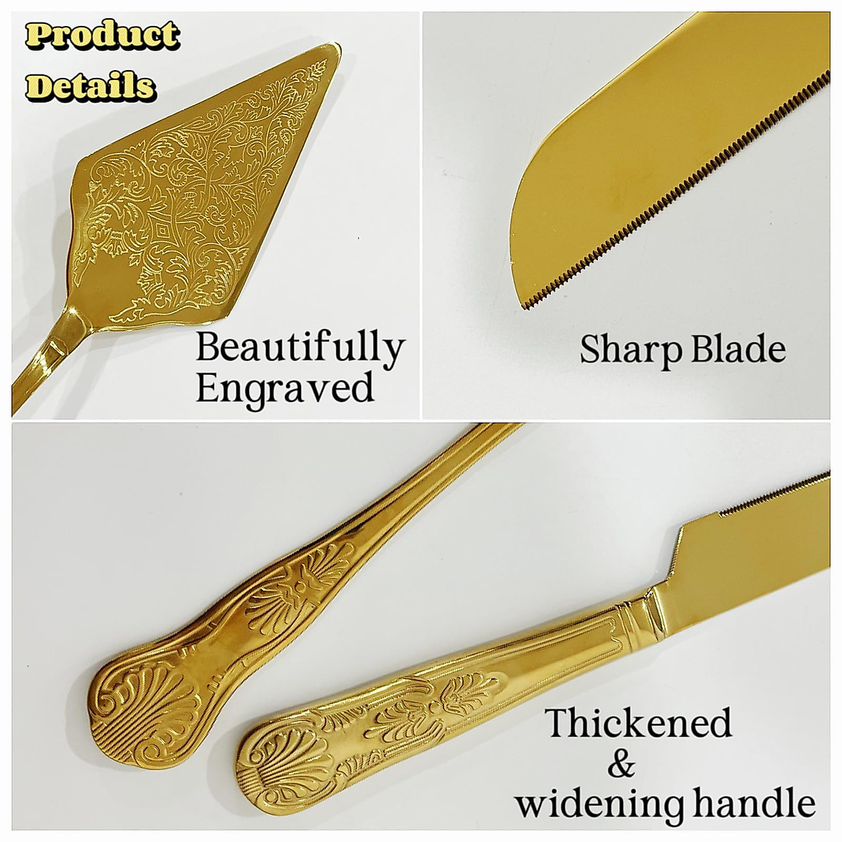 WEICHUAN Wedding Cake Knife and Server Set, Stainless Steel Engraved Cake Cutting Set for Bride and Groom Wedding Anniversaries Parties (Gold)