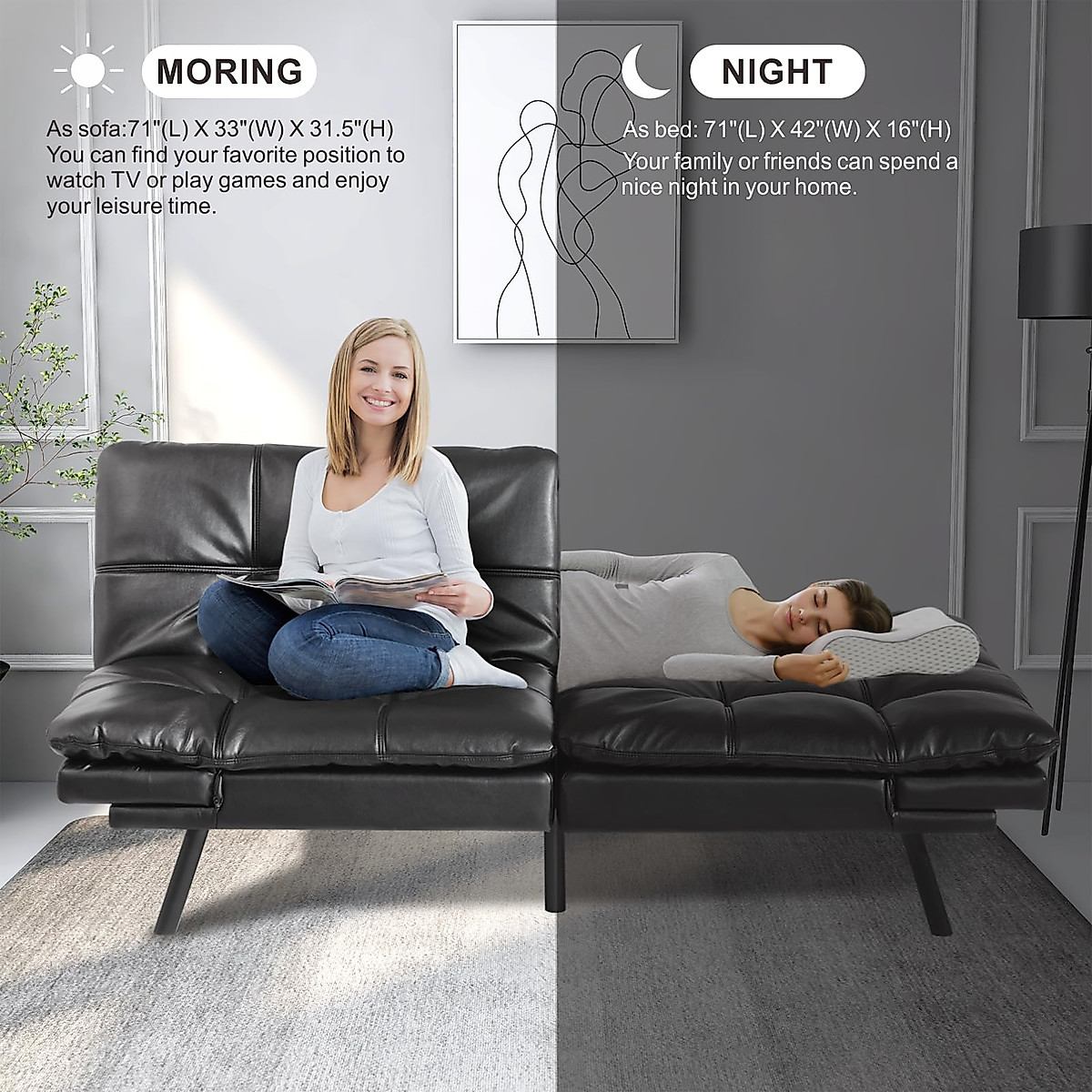 MUUEGM Futon Sofa Bed Memory Foam Convertible Couch Sleeper,Modern Faux Leather Love Seat for Living Room Small Space Apartment Office,Adjustable Backrest Armrest,71" Sofabed, Black-New