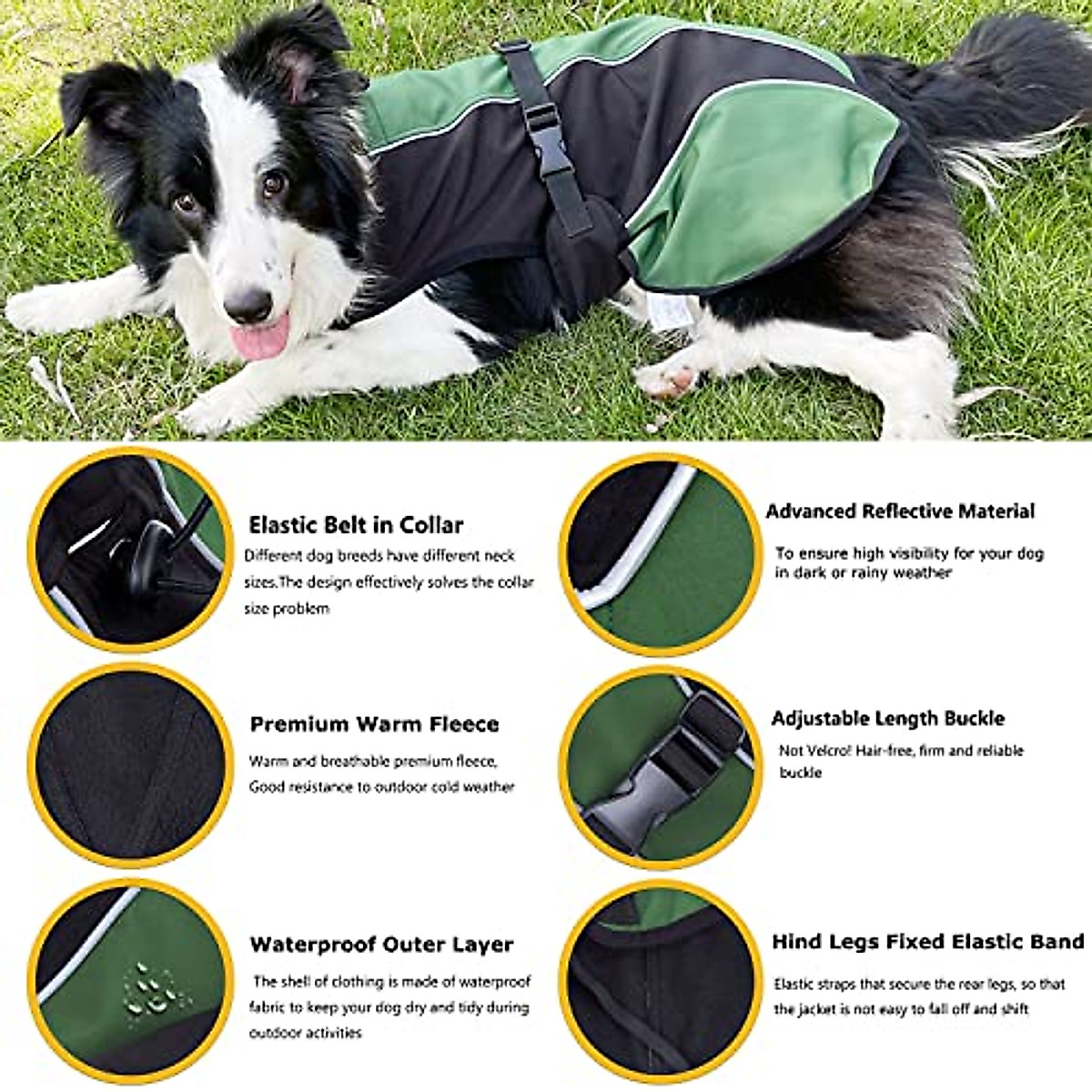 H.S.C.PET Reflective Dogs Raincoats Waterproof Shirts,Green Adjustable Puppy Lightweight Jacket, Doggie Windproof Warm Vest with Harness Hole