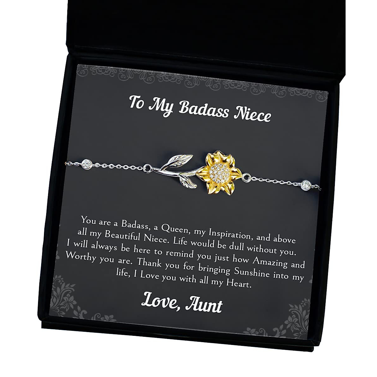 Niece Gifts From Aunt, Life To My Badass Niece Bracelet From Aunt, Sterling Silver Bracelet with 14k Gold Sunflower For Niece, Birthday Graduation, Valentines Gift For Niece