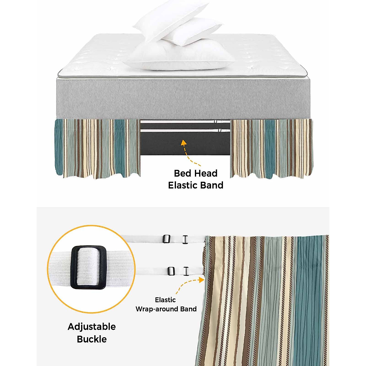 Teal Blue Green Striped Boho Bed Skirt Queen Size 18 Inch Drop,Adjustable & Elastic Wrap Around Bed Skirts Luxury Ruffles for Twin Full Queen Cal King Bed,Antique Southwestern Native Pattern Tribal