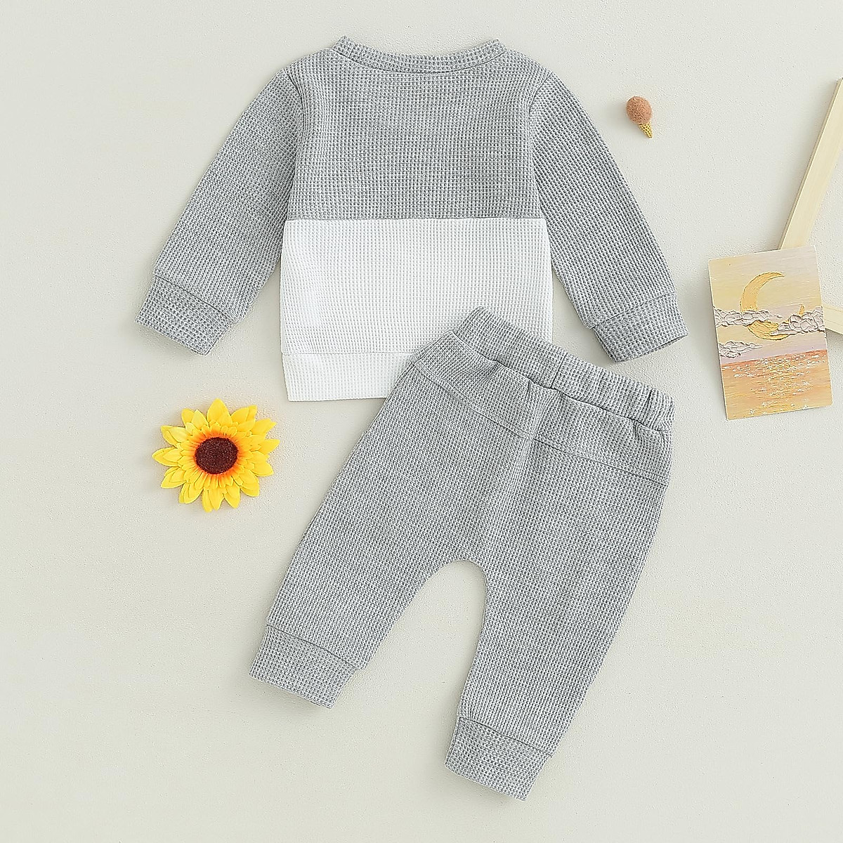 One opening 0-3T Toddler Baby Boy Clothes Patchwork Waffle Sweatshirt Pullover Shirt Top Long Pants Infant Boy Fall Winter Outfit (Gray, 0-6 months)