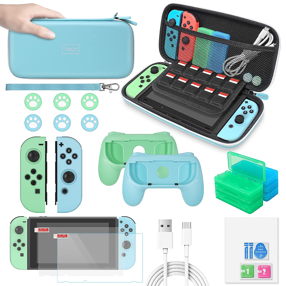 Accessories Bundle Compatible with Nintendo Switch for Animal Crossing,26 in 1 Accessories kit Carrying Case,Screen Protector,Handle Grips,Steering Wheels,Silicone Case,Thumb Caps for Joy Con