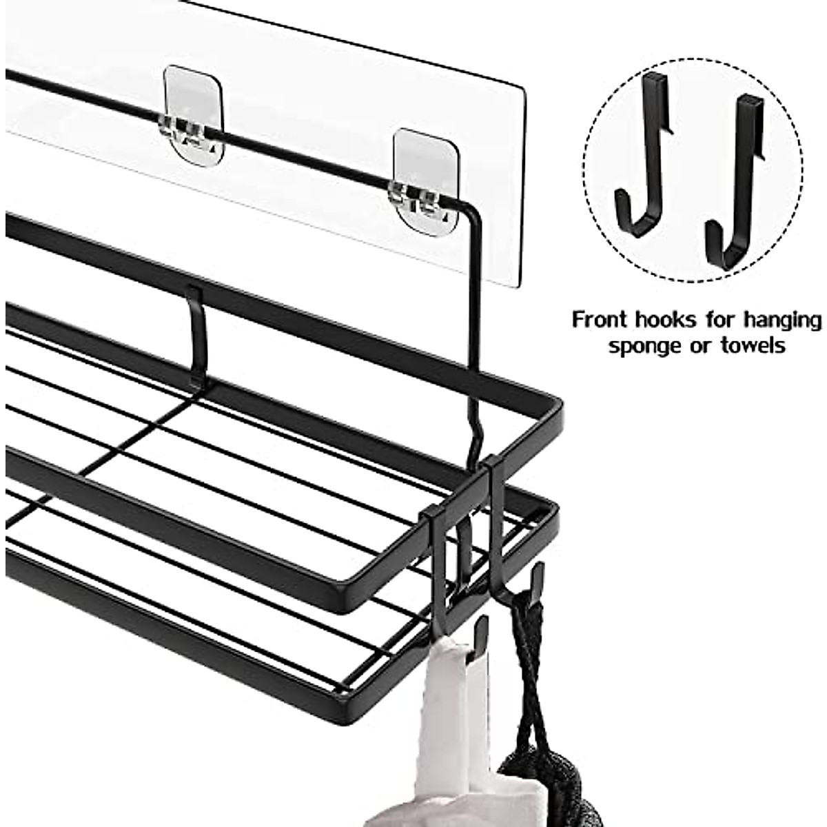 ANYEV Shower Caddy Shelf Organizer 2 Pack, Adhesive Black Bathroom Basket Shelves, No Drilling Traceless Adhesive Shower Wall Shelves, Rustproof Black Bathroom Shower Storage Organizer with Hooks