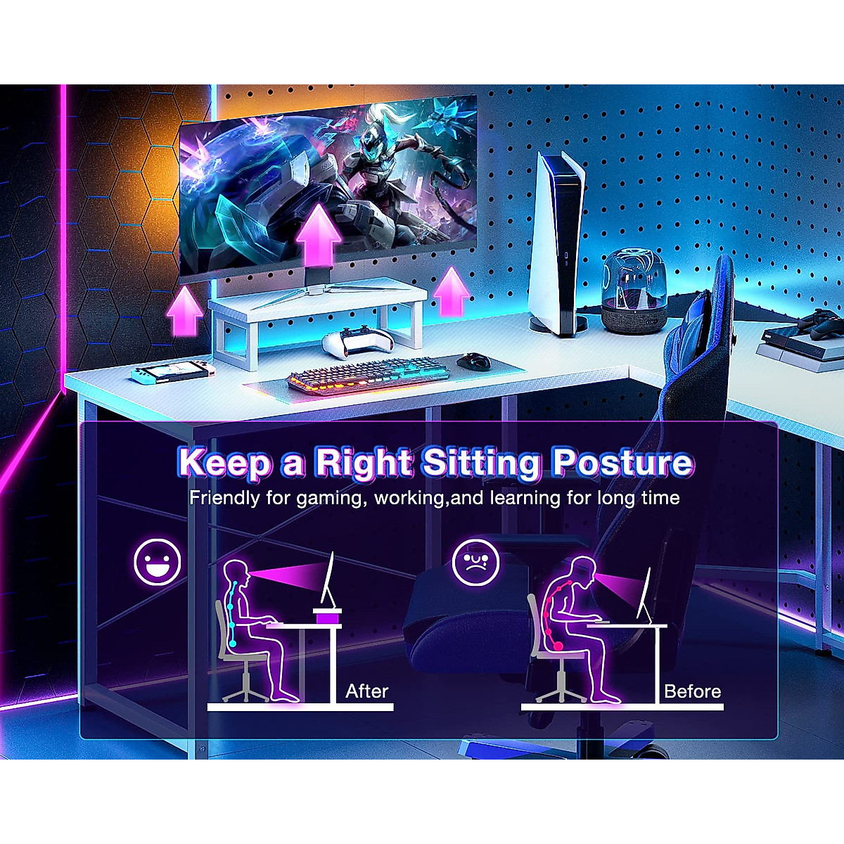 ODK L Shaped Gaming Desk, 51 Inch Computer Desk with Monitor Stand, PC Gaming Desk, Corner Desk Table for Home Office Sturdy Writing Workstation, Carbon Fiber Surface, White