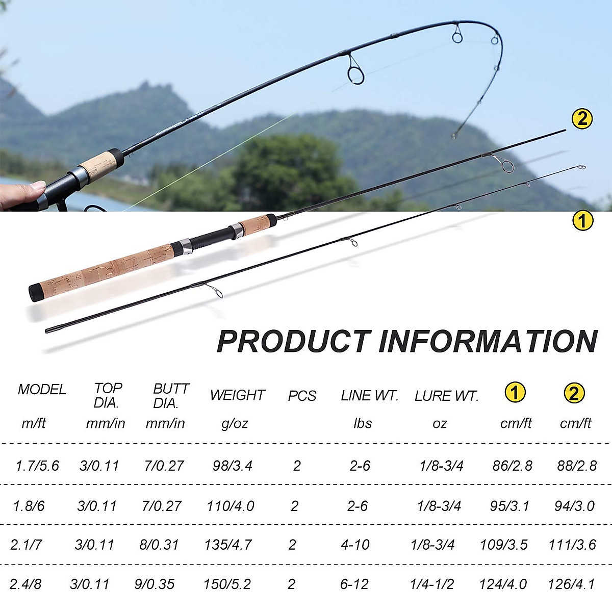 Sougayilang Fishing Rods Graphite Lightweight Ultra Light Trout Rods 2 Pieces Cork Handle Crappie Spinning Fishing Rod(6'0'')