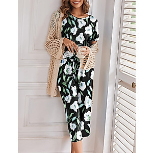 Ekouaer Women's Capri Pajama Sets Floral Print Short Sleeve Sleepwear Top and Capri Pants 2 Piece Loungewear with Pockets Black White Lily XXL