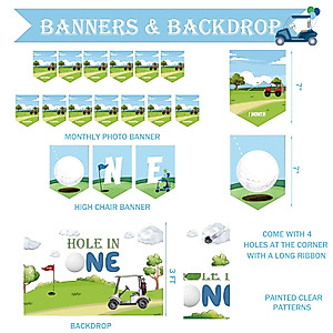 129 PCs Hole In One First Birthday Decorations, Fiesec Golf 1st Party Decorations Backdrop Balloon Garland Banner Tablecloth Cake Cupcake Topper Box Cutout Crown Poster Golf Club Ball Green Blue