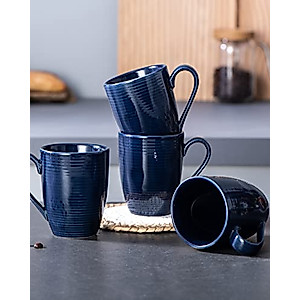 HENXFEN LEAD Coffee Mugs Set of 4-12 Oz Ceramic Coffee Cup with Large Handle for Tea, Milk, Latte and Cocoa, Christmas Mug Gift with Texture Design for Men & Women Microwave Safe, Dark Blue