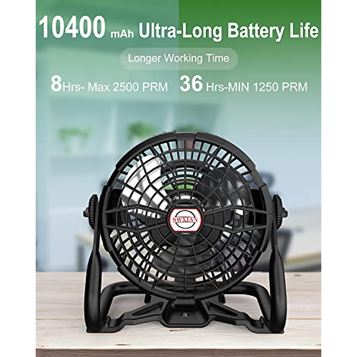 SWXIAN Camping Fan with Battery Operated, 10400mAh 8-Inch Rechargeable Outdoor Tent Fan, Stepless Speed and Quiet USB Battery Powered Fan for Picnic, Barbecue, Fishing, Travel (Black)