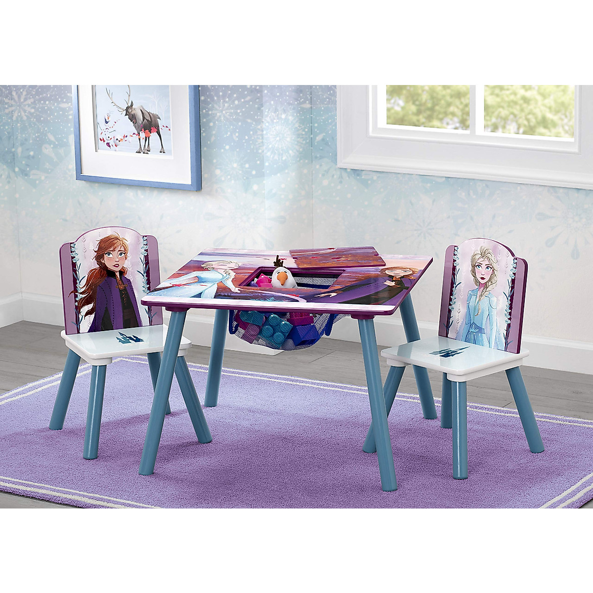 Delta Children Kids Table and Chair Set with Storage (2 Chairs Included) Plus Design & Store 6 Bin Toy Storage Organizer - Ideal for Arts & Crafts, Homeschooling, Homework & More, Disney Frozen II
