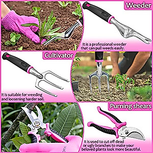 THINKWORK Pink Garden Tools, Gardening Gifts for Women, with 2 in 1 Detachable Storage Bag, Trowel, Transplanter, Rake, Weeder, Cultivator, Purning Shears and 3 Additional Protection Tools