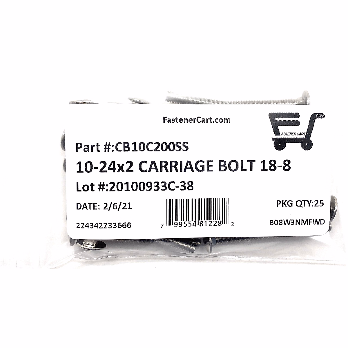10-24x2 Carriage Bolts Stainless Steel 18-8 (25 Pieces)
