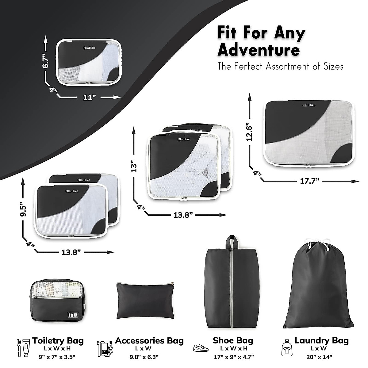 ALL INCLUDED 10 Set Sturdy Packing Cubes for Suitcases,OlarHike Travel Essentials,UPGRADED Anti-Tear Stitching, NEW Improved Luggage Packing Organizers for Travel Accessories(Black)