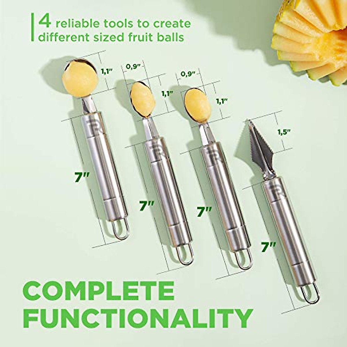 Riveira Melon Baller Scoop Set Stainless Steel 4-Piece Carving Knife Watermelon Cantaloupe Scooper for Cutting and Scooping Fruit Melons