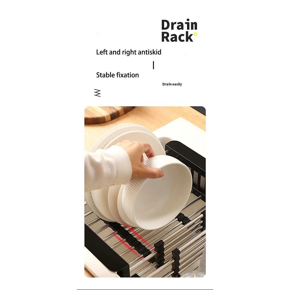 ALREMO 1pc Drain Rack, Stainless Steel Kitchen Basket, Home Dish Rack, Retractable Sink Shelf, 8.81*(11.22-18.5)*3.7in, Suitable for Rectangular Sink (Black)