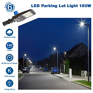 ABODONG LED Parking Lot Light 150W 21,000LM (140LM/W) 5700K LED Street Lights with Adjustable Slip fit Mount Dusk-to-Dawn Photocell Sensor IP66 Outdoor Commercial UL & DLC Certified
