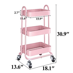 3 Tier Rolling Cart, Metal Utility Cart with Rotating Lockable Wheels, Storage Cart for Office, Bathroom, Kitchen, Garden (Pink)