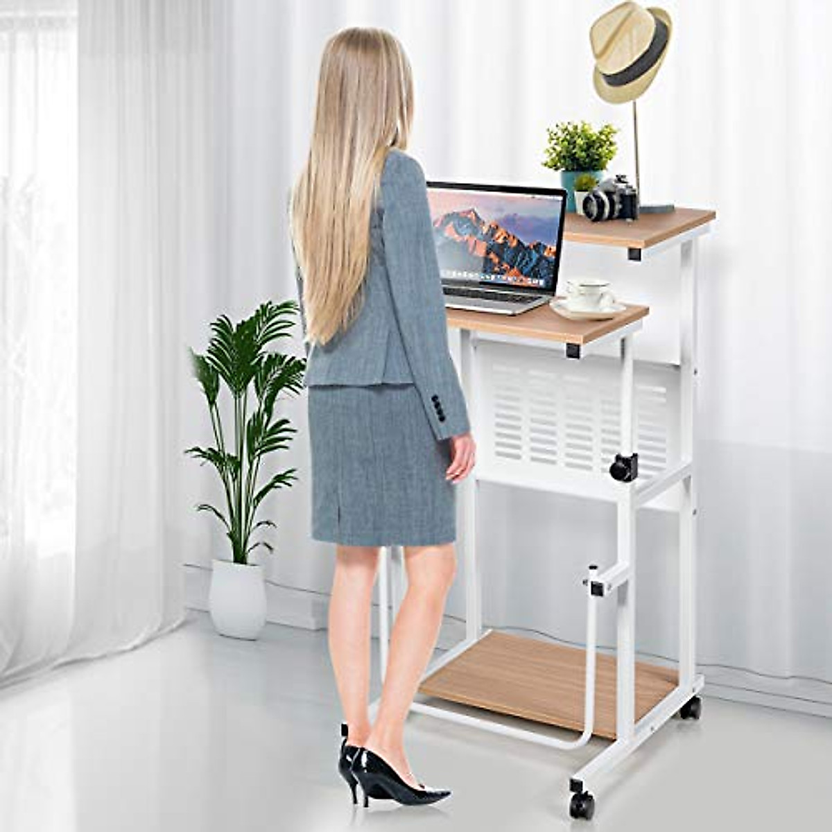 Tangkula Rolling Standing Desk Stand Up Desk, Height Adjustable Home Office Desk with Standing & Seating 2 Modes, Flexible Wheels & Footrest, Mobile Laptop Cart Sit Stand Desk