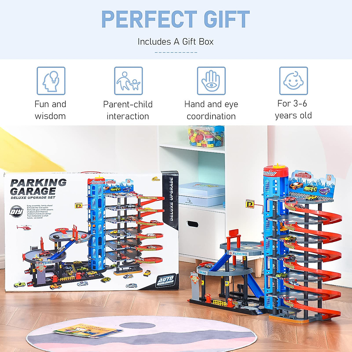 Qaba 7-Level Car Parking Garage Toy Race Tracks Car Ramp Set Toddler Car Games 96PCS w/Cars & Helicopter Elevator Gas Station Car Repair Station for 3-6 Years Old