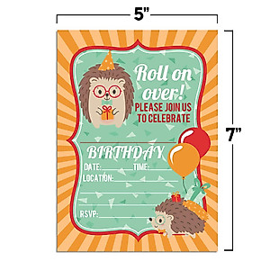 Roll On Over Cute Hedgehog Themed Birthday Party Invitations for Kids, 20 5x7 Fill In Cards with Twenty White Envelopes by AmandaCreation