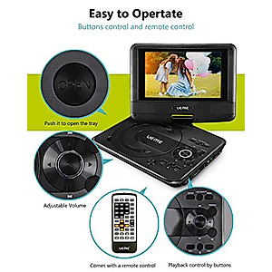 UEME Mini DVD Player for Kids with 7 inches Swivel Screen and Internal Rechargeable Battery, Support DVD CD USB SD Card, with Car Headrest Mount Holder, Region Free