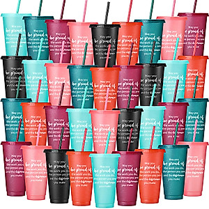 Dandat 36 Pcs Appreciation Tumblers Gifts Bulk 24 oz Thank You Employee Teacher Plastic Graduation Tumbler Colorful Reusable Inspirational Cups with Lids Straws Coworker Staff (Dark Color)