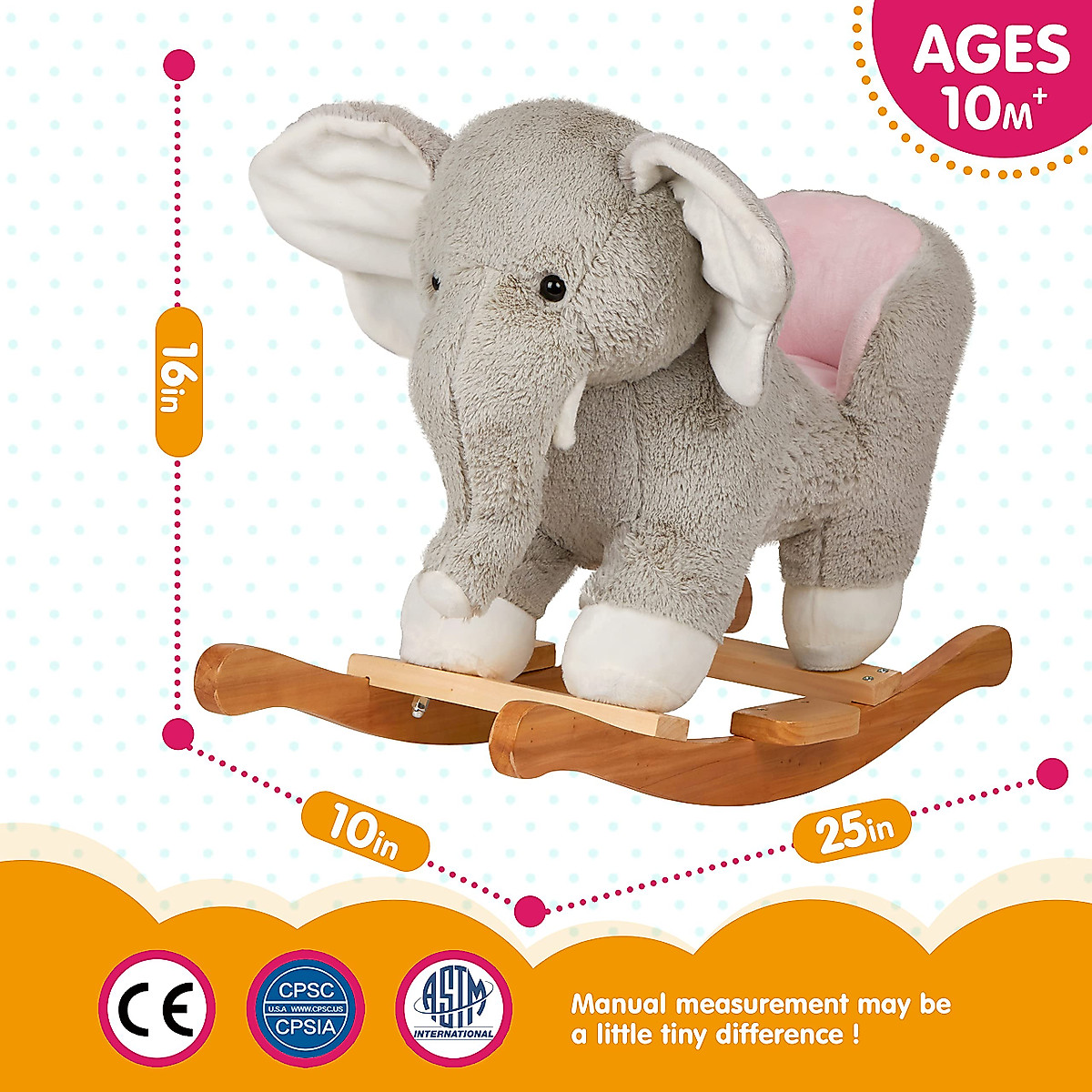 SpecialYou Baby Rocking Horse Wooden Rockers with Seat Elephant Rocking Horse Ride Plush Stuffed Animals Toy -Set of 2, Boy Girl Kids Ride on Toys for 10 Months to 3 Years Old, 25" Lx10 Wx16 H, Gray