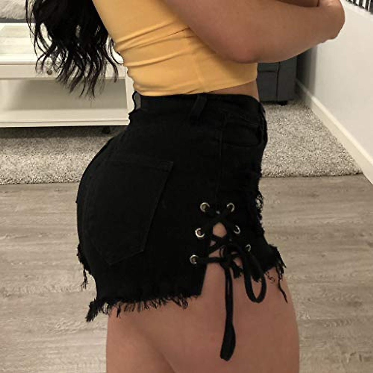 Fashion Slim Shorts ,THENLIAN Women Ladies Mid Waist Hole Jeans Skinny Bandage Hot Pants Shorts Denim Trousers(XL, Black)
