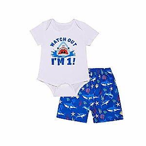 MOMMY'S NEW MAN Toddler Baby Boy 1st Birthday Shark Short Sleeve One Years Old Outfit + Short Cake Smash Bodysuit Set (shark 1, 18-24 Months)