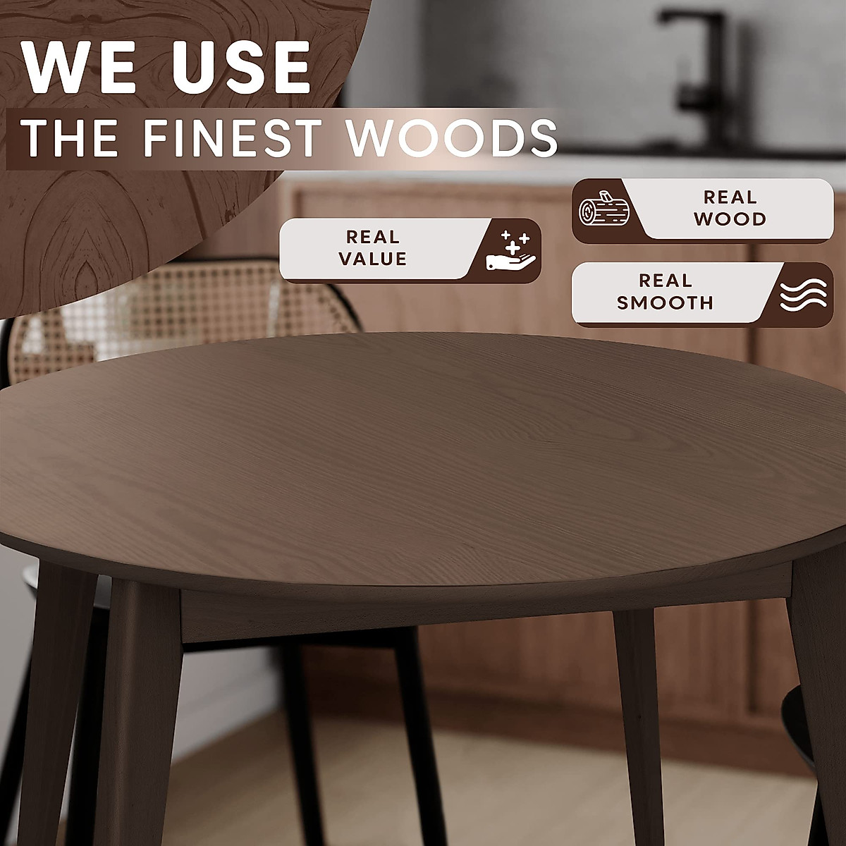 DAIVA CASA Orion Round Dining Table for 4 Person - Birch Solid Wood Kitchen & Dining Room Furniture - Mid Century Modern Scandinavian Style – Dark Brown Kitchen Table 40 inch