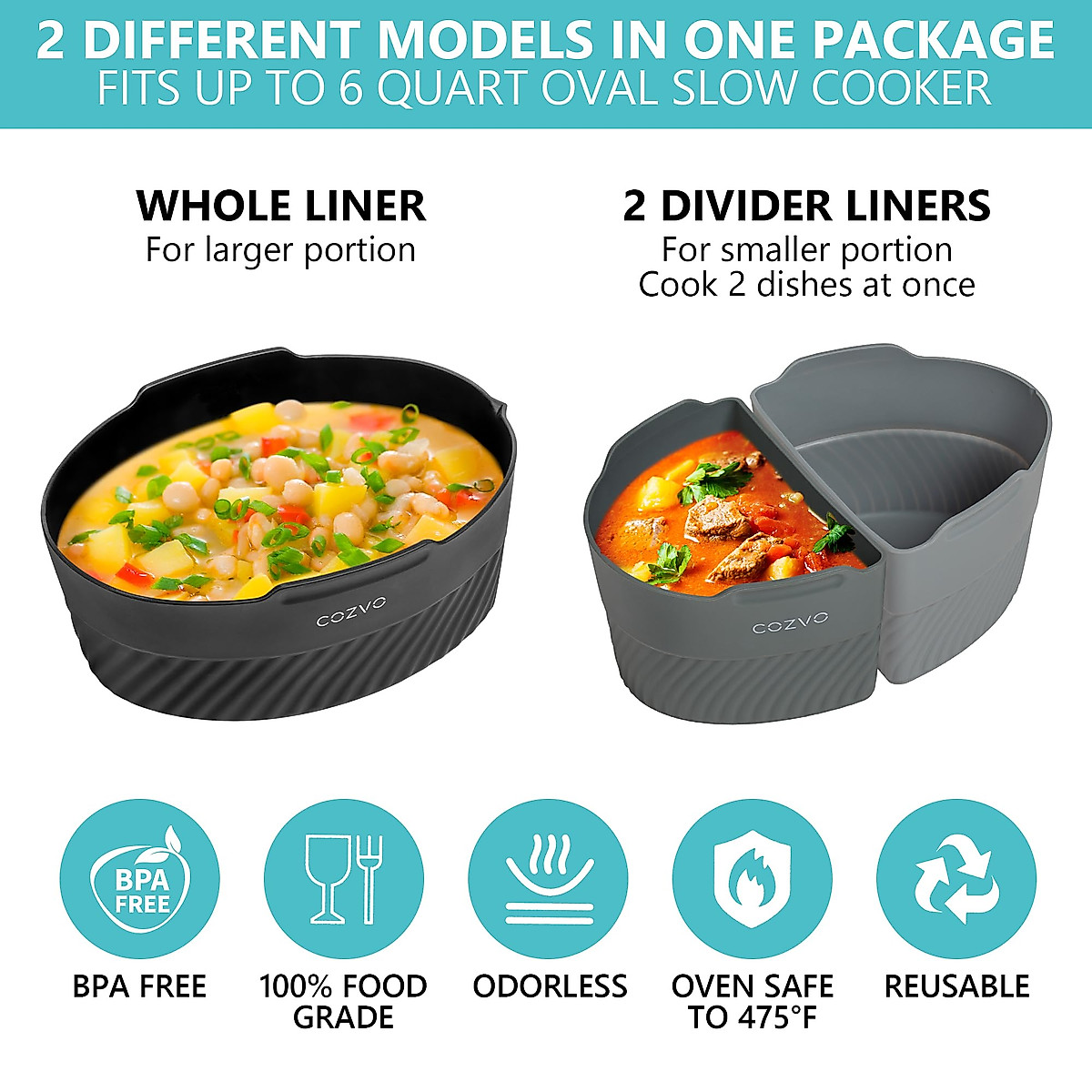 Crockpot Liner, Silicone Crockpot Liner Reusable, Crockpot Divider Insert, Crock Pot Dividers Silicone, Crock Pot Liners, Fit Oval Slow Cooker 6 Quart -COZVO 6pc-Slow Cooker Liners, Crockpot Liners