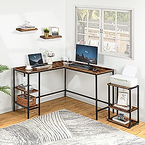 HOOBRO L Shaped Computer Desk with Charging Station, Industrial Corner Writing Desk with Adjustable Shelves, Study Workstation for Home Office, Stable and Space-Saving Rustic Brown and Black BF35UDN01