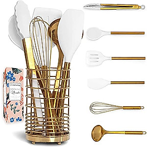 White Silicone and Gold Cooking Utensils Set with Gold Utensil Holder: 17PC Set Includes White & Gold Measuring Cups and Spoons Set,White Utensils Set,Gold Spatula,Gold Whisk -Gold Kitchen Accessories
