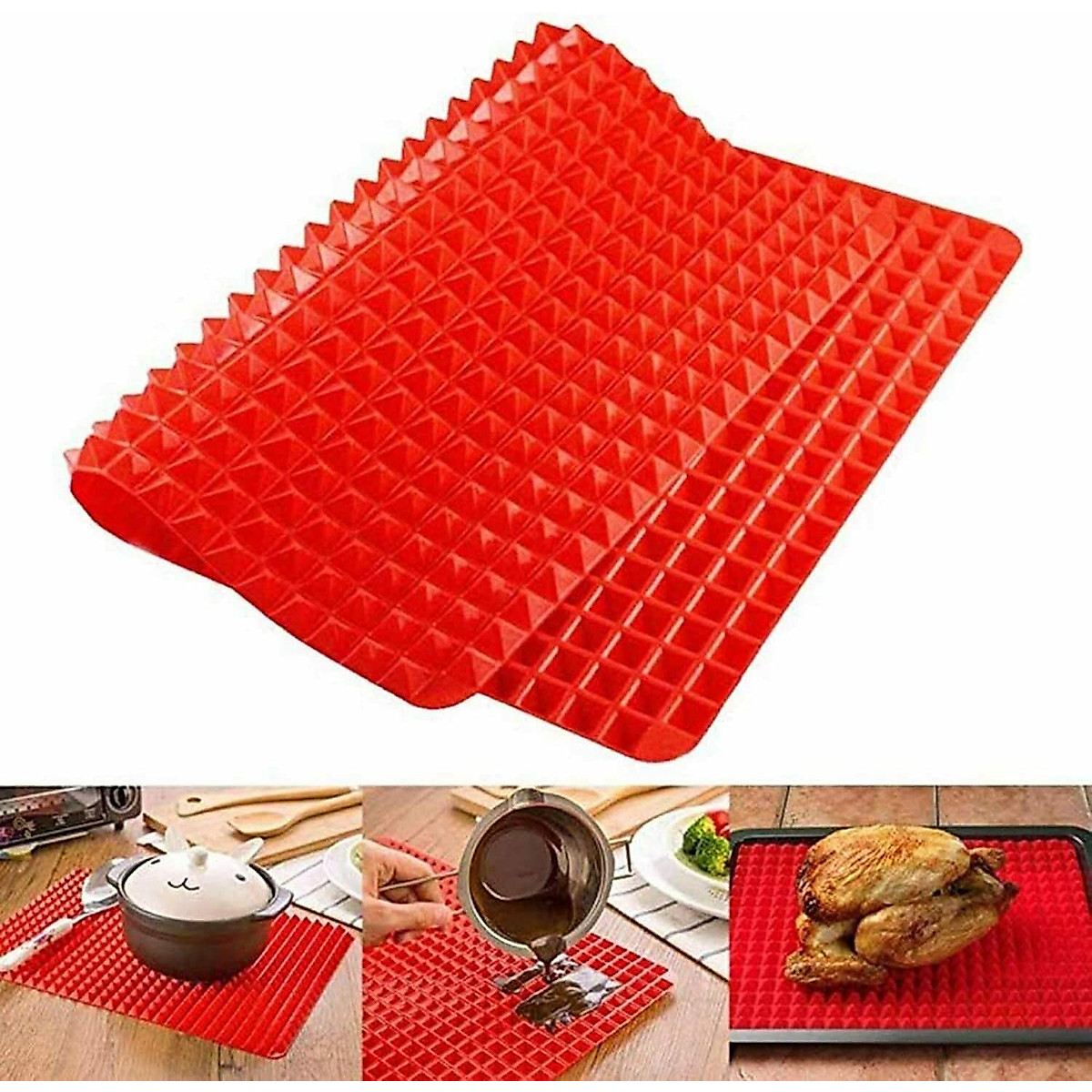 Silicone Pyramid Cooking Mat | Non- Stick Healthy Fat Sheet For Oven Grilling BBQ | 15.35 x 10.83 inches | Baking Mat | Cooking Pan | Baking Sheet | Pastry Cooking Mat | Red |