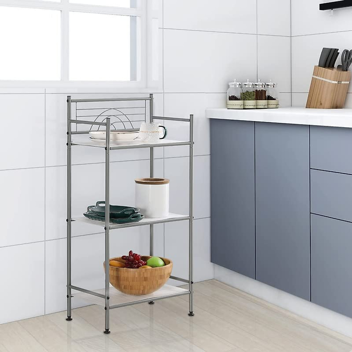 MallBoo 3-Tier Metal Freestanding Storage Shelf,Standing Bathroom Shelves with 3 x PP Shelf Liners and 4 x Hooks for Laundry Kitchen Office (Grey)