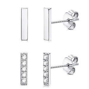 Sllaiss 2 Pairs 925 Sterling Silver Tiny Bar Stud Earrings for Women Men White Gold Plated CZ Bar Earrings Set Rectangle Line Earrings Huggie Cartilage Silver