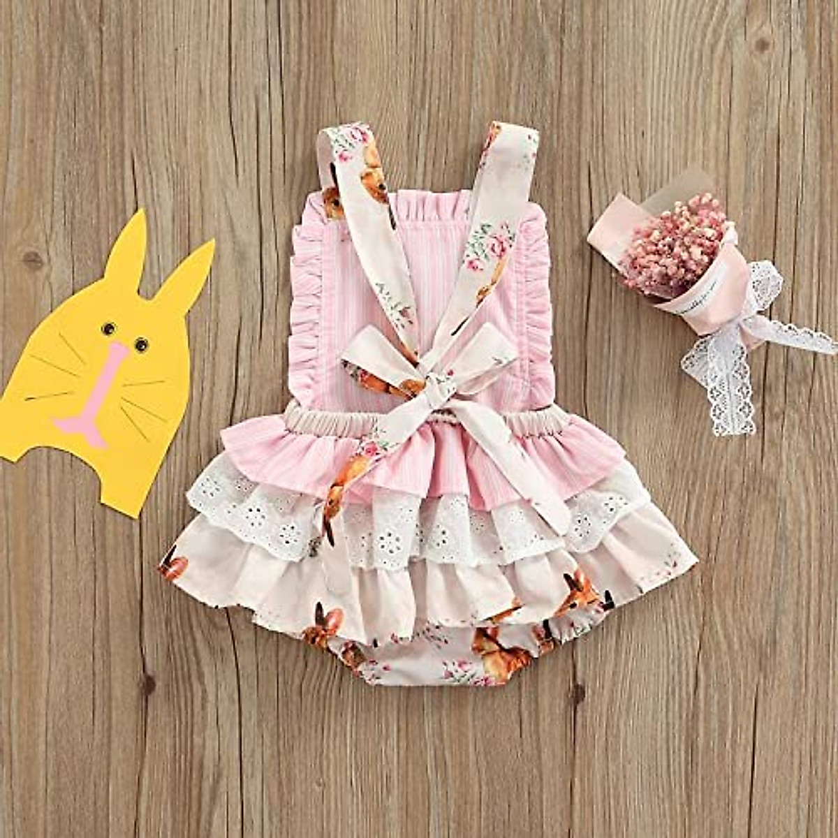 Amberetech Infant Easter Outfit Baby Girls Romper Toddler Bodysuit Cute Sleeveless Ruffle Bunny Printed Jumpsuit Clothes (12-18 Months, Pink)