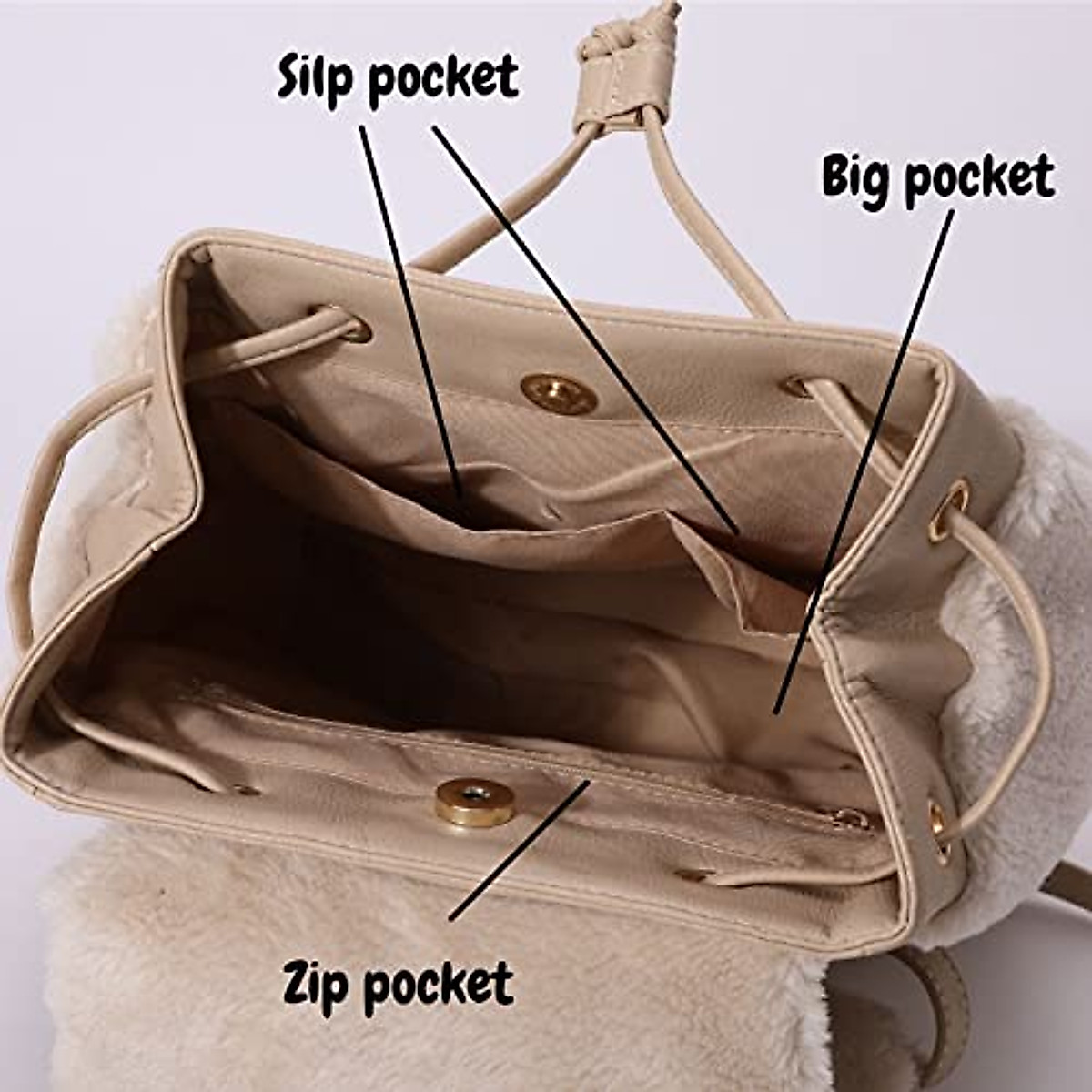 DQinLit Plush Backpack Purse Bag Small Soft Faux Fur Cute Furry Stylish Casual Handbags Off-White