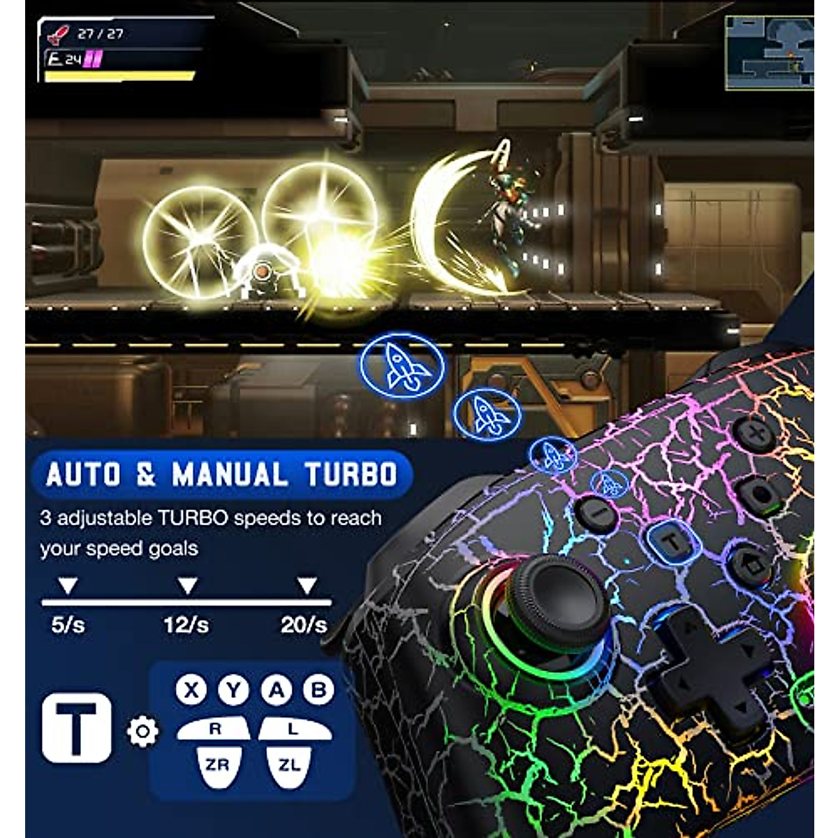 Gammeefy Switch Controller, Wireless Switch Pro Controller for Nintendo Switch/Lite/OLED, 9 Color Adjustable LED Switch Remote Compatible with PC/Android/IOS with Programmable Function