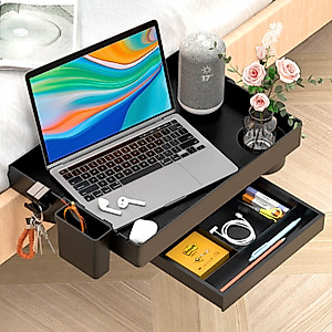 Ronlap Folding Bedside Shelf, Bunk Bed Shelf Organizer for Top Bunk Clip On Nightstand Plastic Bedside Shelf Tray for Kids with Cup Holder Hooks Hanging Cup, Plus Size with Drawer, Black