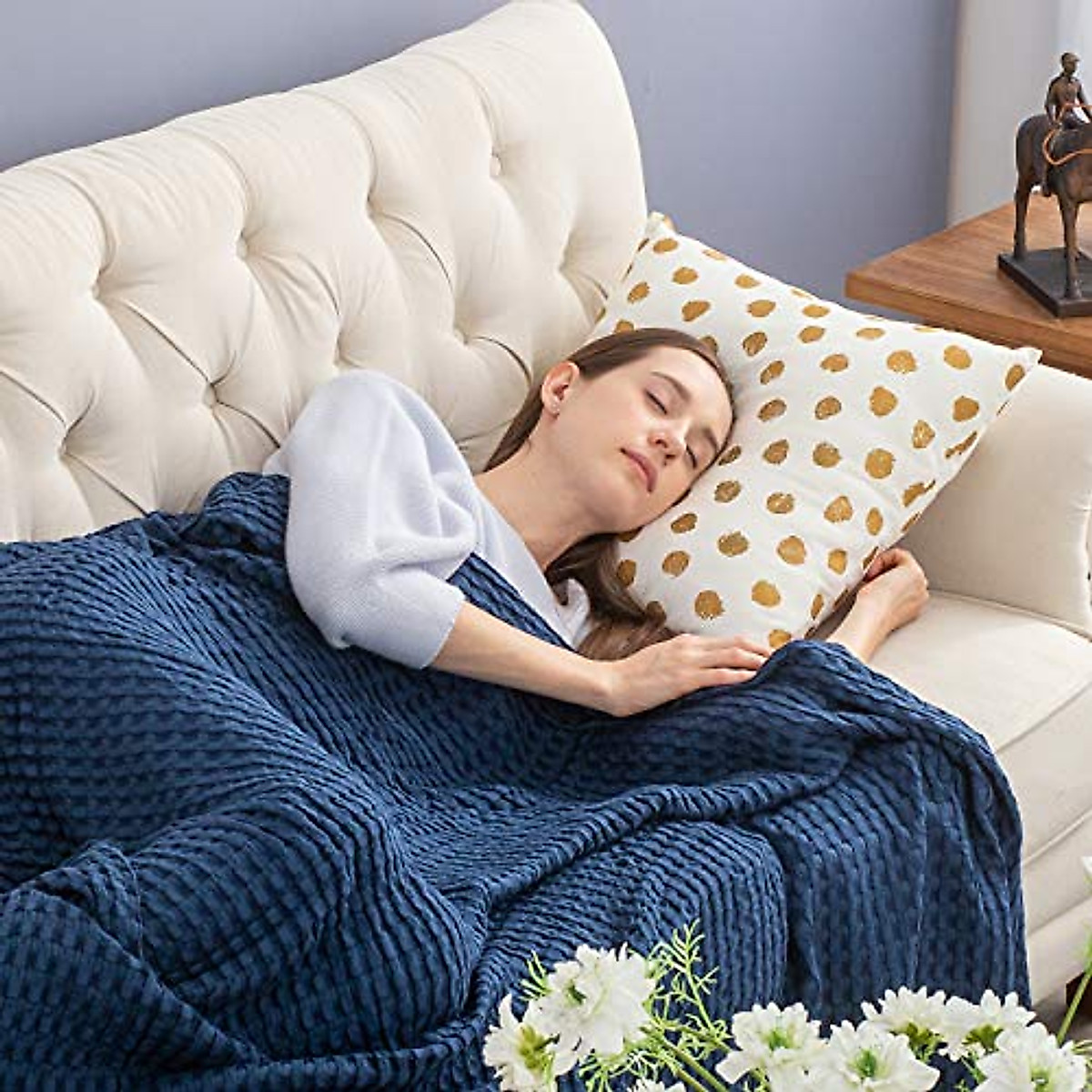 Bedsure Cooling Bamboo Waffle Weave Blanket - Soft, Lightweight and Breathable Throw Blankets for Hot Sleepers, Luxury Cotton Throws for Bed, Couch and Sofa, Navy 50x70Inches