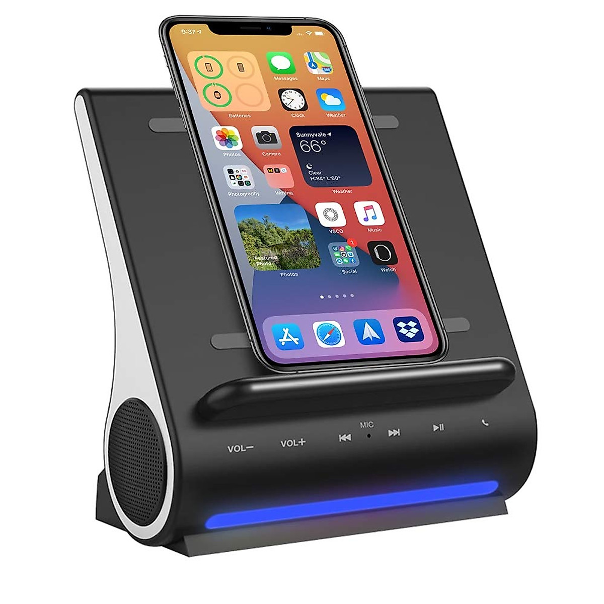 Fast Charging Wireless Charger, Bluetooth Premium Speakers, Docking Station with Built in Mic Handsfree Call, 4 in 1 Station for iPhone 16/15/14/13/12/11/X Samsung Galaxy S24/S23/S22/S21/S20