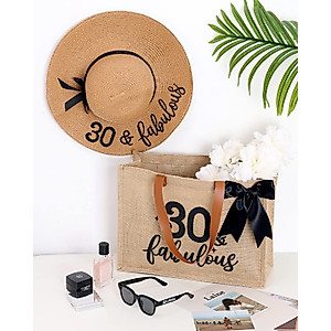 Percozzi 30th Birthday Gifts Her Tote Bag 30 & fabulous Hat and Glasses Summer Beach Party Vacation Supplies Straw Sun Black Decorations Set of 3
